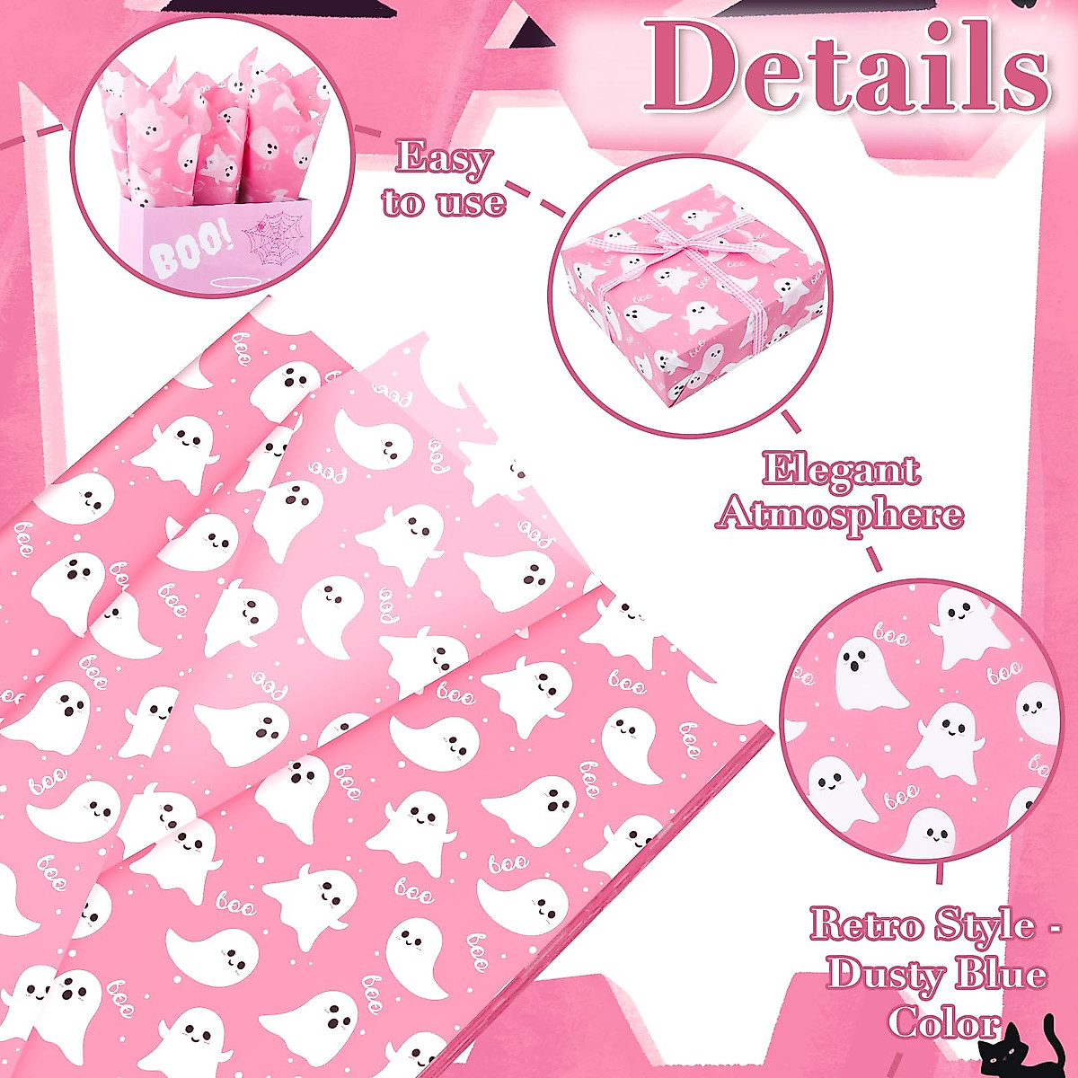 100 Sheets Pink Ghost and Boo Tissue Paper, 20 x 14in Halloween Pink Ghost Print Wrapping Tissue Cute Ghost Art Decorative Tissue for Happy Boo Day Girls Baby Shower Birthday Party Supplies