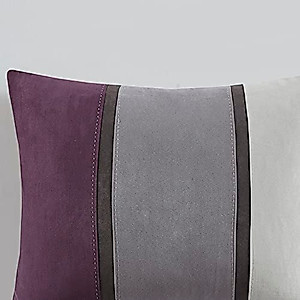 Madison Park Palisades Comforter Set Modern Faux Suede Pieced Stripe Design, All Season Down Alternative Cozy Bedding with Matching Shams, Decorative Pillows, Queen(90"x90"), Purple 7 Piece