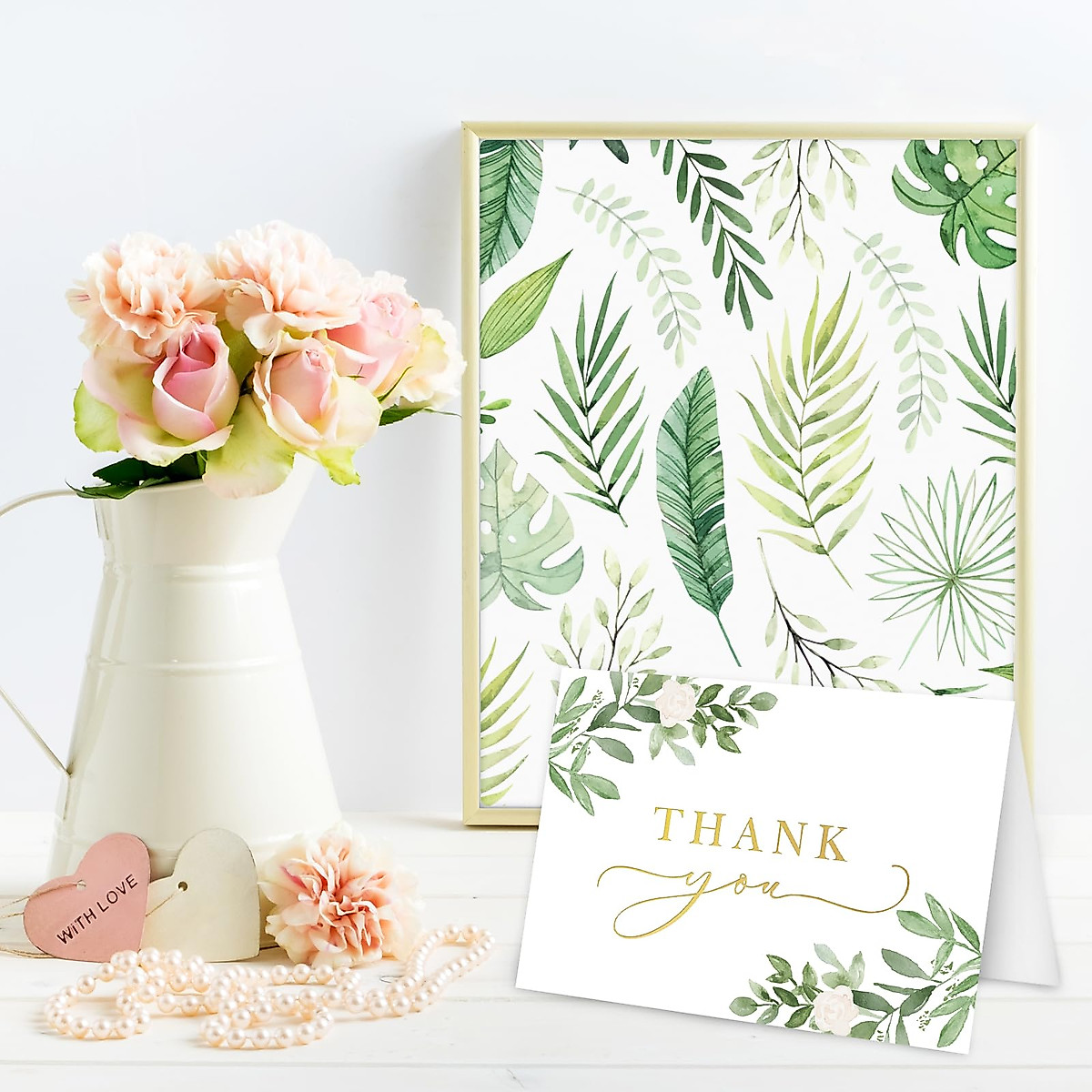 AnyDesign 24 Pack Thank You Cards with Envelopes Stickers Watercolor Green Leaves Blank Note Cards Bulk Eucalyptus Leaf Thank You Greeting Cards for Wedding Baby Shower Bridal Shower, 4 x 6 Inch