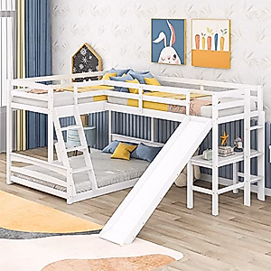 GINGVAT L Shaped Bunk Beds for 3, Wooden Triple Bunk Bed with Slide and Desk, Twin Over Full Bunk Bed & Twin Size Loft Bed with Desk for Kids Teens,No Spring Box Needed,White
