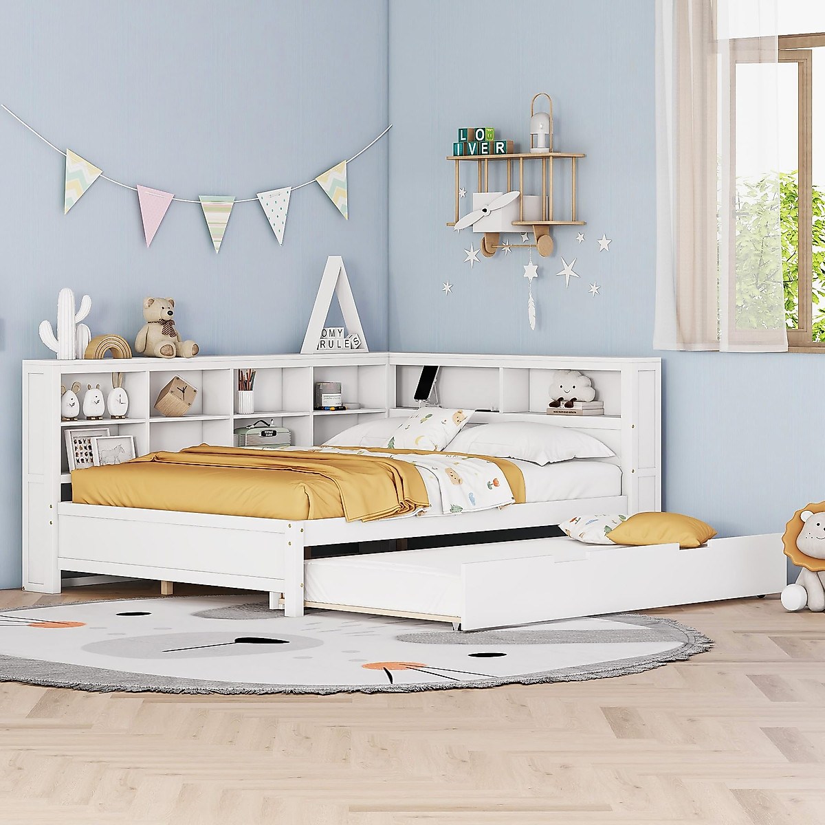 Harper & Bright Designs Full Daybed Frame with L-Shaped Bookcases, Wood Bed Frames with Trundle and USB Ports,Full Size Platform Bed with Storage Shelf and Charging Station for Kids Girls Boys, White