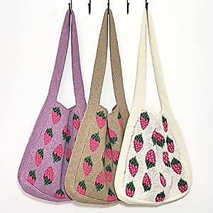GGOOB Crochet Tote Bag Aesthetic Strawberry Purse Kawaii Purse Crocheted Bag Kawaii Tote Bag (Cream)