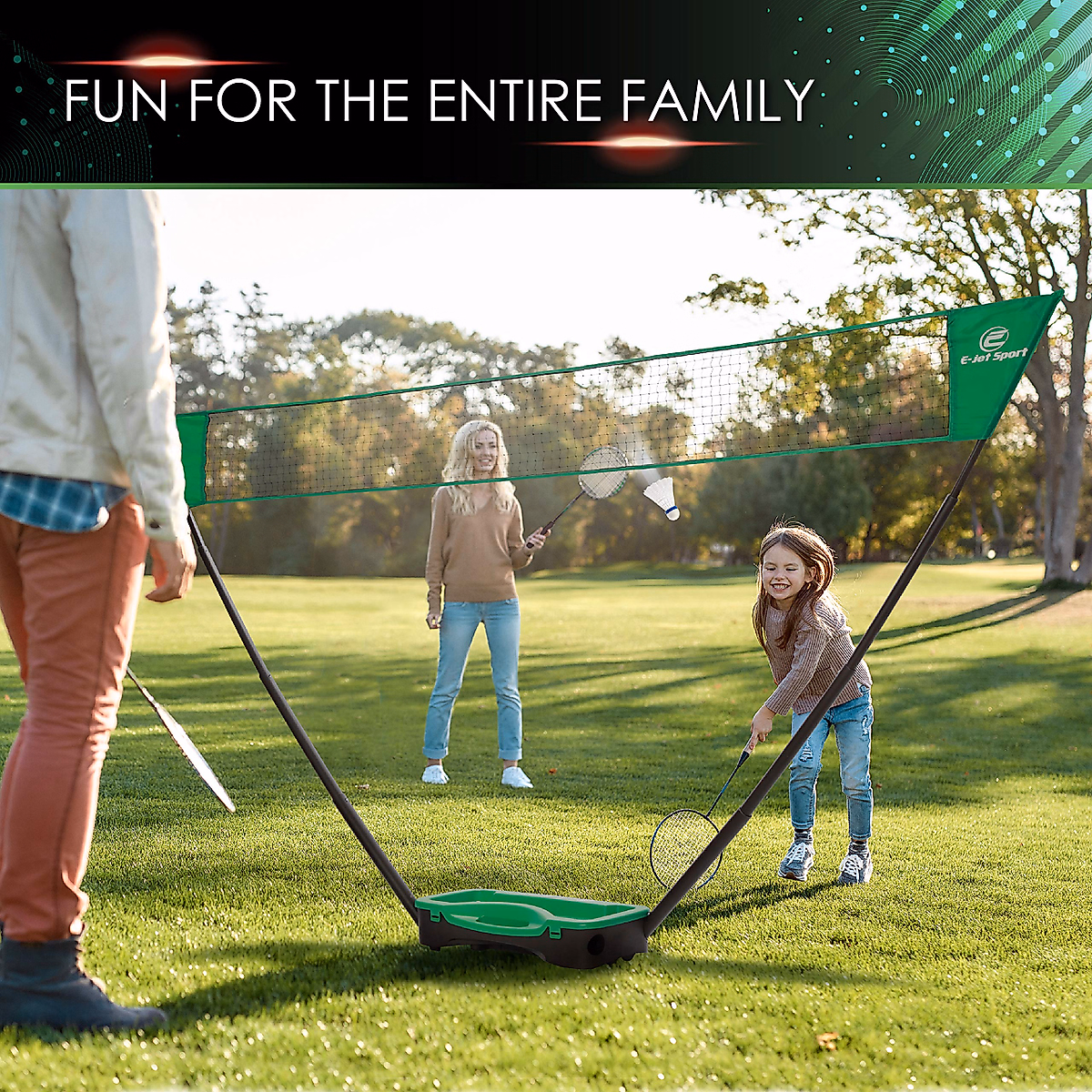 E-jetSport Badminton Net Outdoor Game Set, Rackets Shuttlecocks Combo for Kids & Family Portable, No Tools Required - Backyard Training, Beach, Park, Picnic Games, Green (EOB37540)