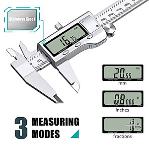 Digital Caliper 6 Inch Stainless Steel Vernier Caliper Digital Electronic Micrometer Caliper Measuring Tool Waterproof Inch/Metric/Fractions Conversion Large LCD Display Auto-Off