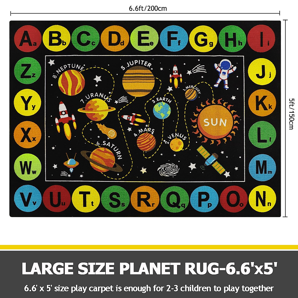 Capslpad Black Outer Space Kids Play Rug ABC Alphabet Kids Play Mat for Toddlers Non Slip Solar System Star Planets Nursery Rug for Baby Girl Boy Kids Carpet for Bedroom Playroom Nursery Decor,5'x6.6'