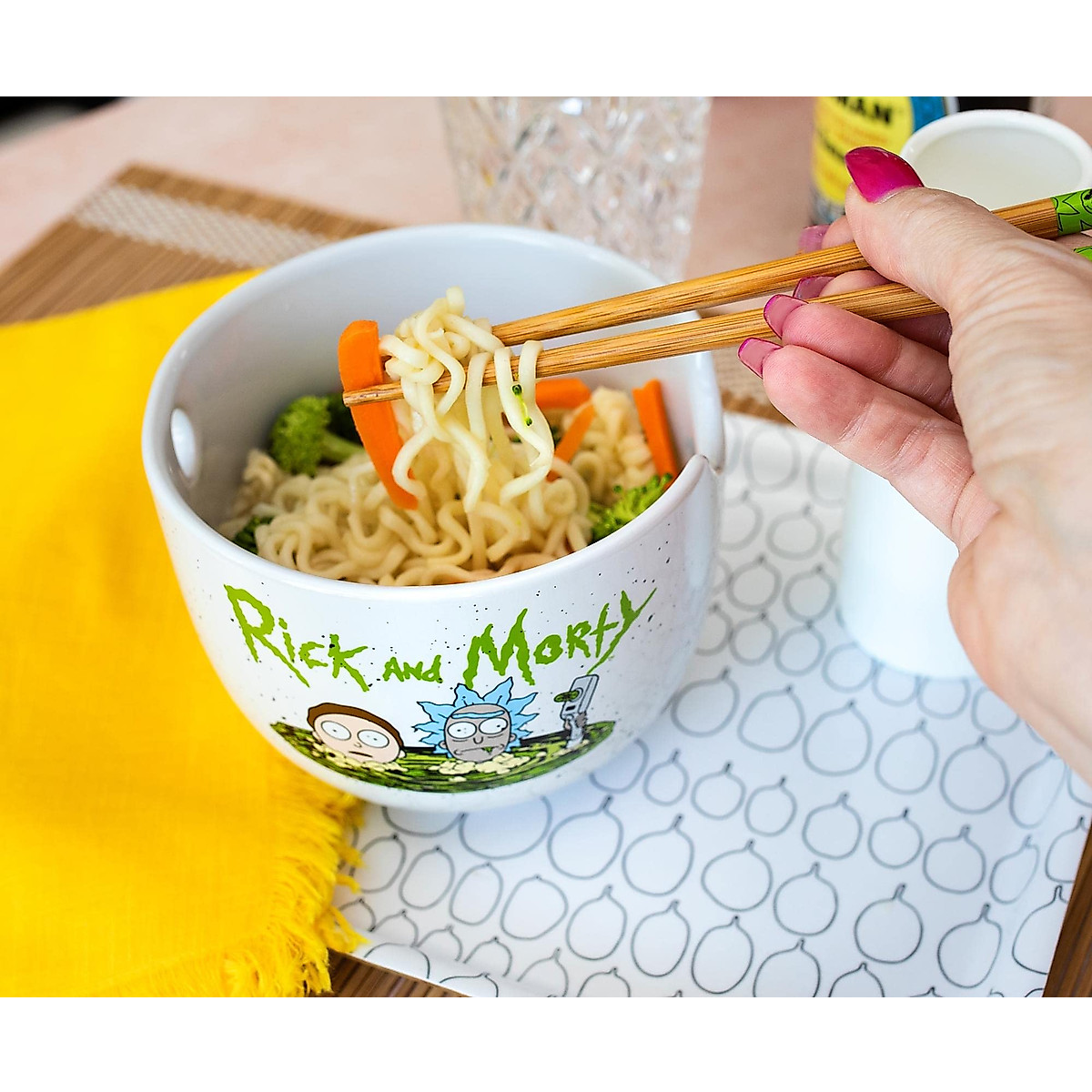 Silver Buffalo Rick and Morty Portal Japanese Ceramic Dinnerware Set | Includes 20-Ounce Ramen Noodle Bowl and Wooden Chopsticks | Asian Food Dish Set For Home & Kitchen