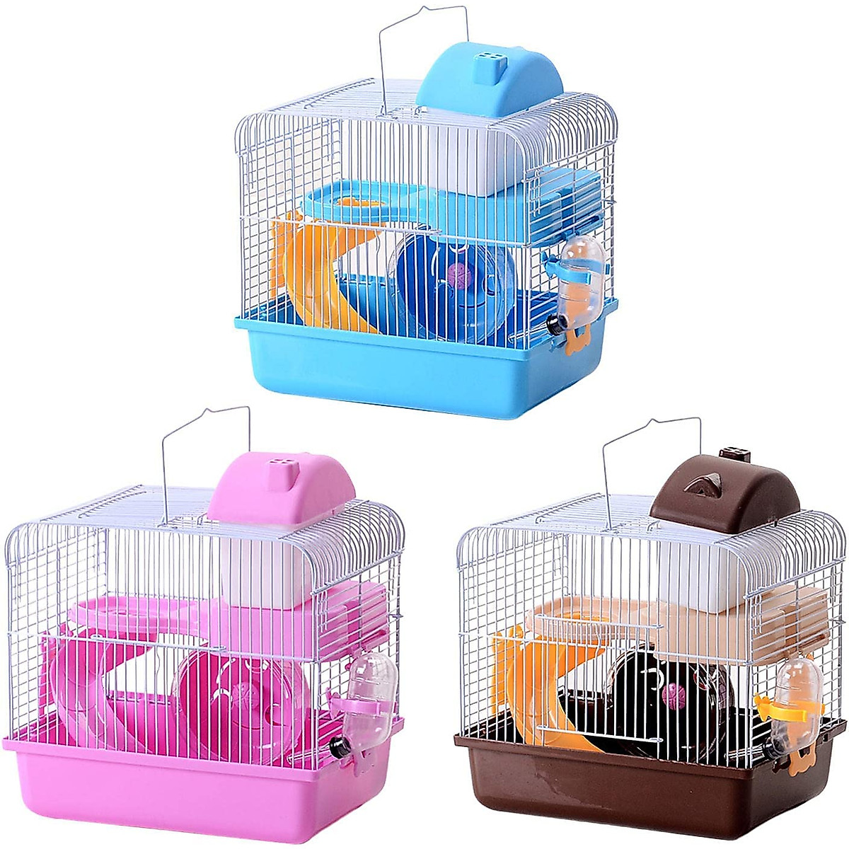Zhang Ku 2-Tier Portable Travel Cage for Small Animals, Dwarf Hamster Travel Carrier with Carry Handle Exercise Wheel Water Bottle and Food Dish, 6.7 x 11.8 x 9.1 Inch (Pink) (SSS441)