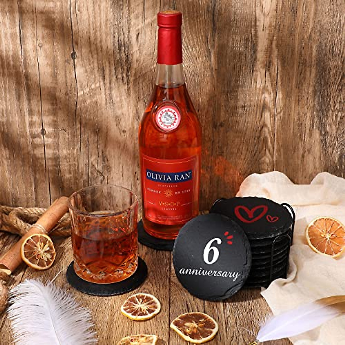 24 Pieces Black Slate Coasters with Holder Round Stone Coasters for Drinks 4 Inch Rustic Handmade Bar Coasters Set with Anti Scratch Bottom for Coffee Table Kitchen Home