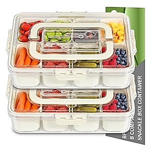 spaclatio Snack Box Container and Divided Serving Tray with Lid and Handle, Dishwasher Safe 8 Removable Compartments Snackle Box Container Multi-purpose as Fruit Tray for Picnic, Beach 1 Pack (White)