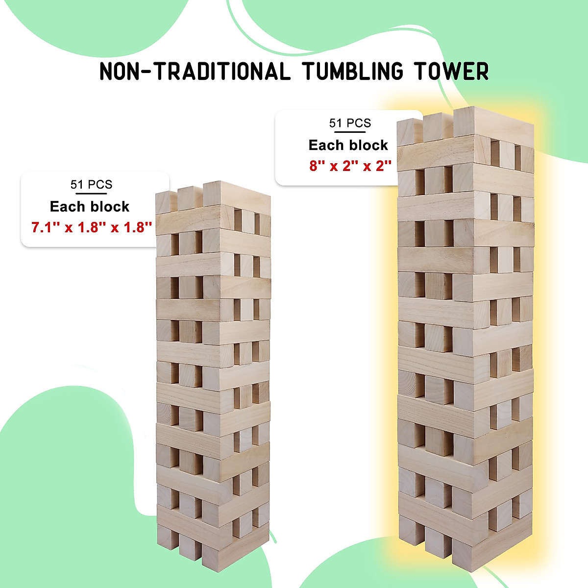 GOTHINK Giant Tumbling Tower Game, Super Large 51pcs Wooden Blocks Stacking Game, Stack to Over 6 Feet, Carry Bag, Jumbo Outdoor Indoor Game Toy Gift for Kids and Adults