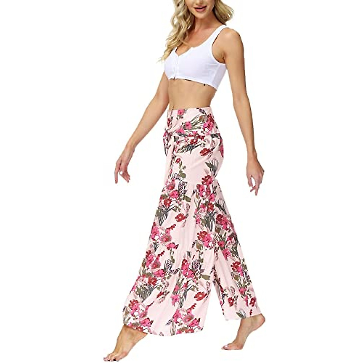 ALBIZIA Wide Leg Palazzo Pants for Women Elastic Waist Summer Casual Floral Printed Pant Boho Yoga Trouers XL Style-4