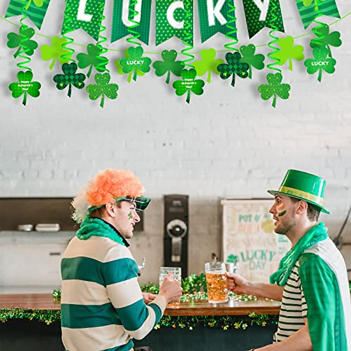 Happy St Patrick's Day Decorations, St. Patrick Day Banner Hanging Shamrock Swirls Clover Garland Green 'Lucky' Banner Party Favors Decorations Supplies for Home School Classroom