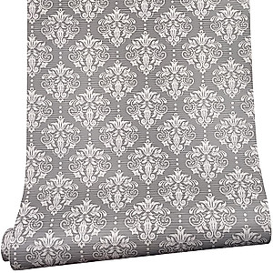 Yifely Gray-White Damask Shelf Liner Peel & Stick PVC Drawer Paper Covering Apartment Old Cabinets Shelves 17.7 Inch by 9.8 Feet Removable Countertop Decor