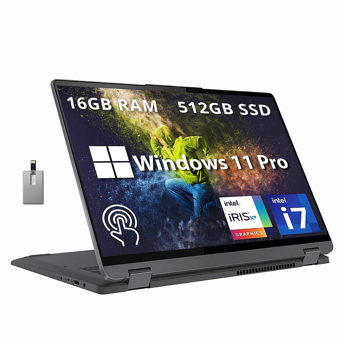 Lenovo IdeaPad Flex 5 16"" 2-in-1 2.5K IPS Touchscreen Laptop, Intel Core i7-1255U, 16GB RAM, 512GB SSD, Backlit Keyboard, Fingerprint Reader, Win 11 Pro, Storm Grey, 32GB Hotface USB Card, Gray