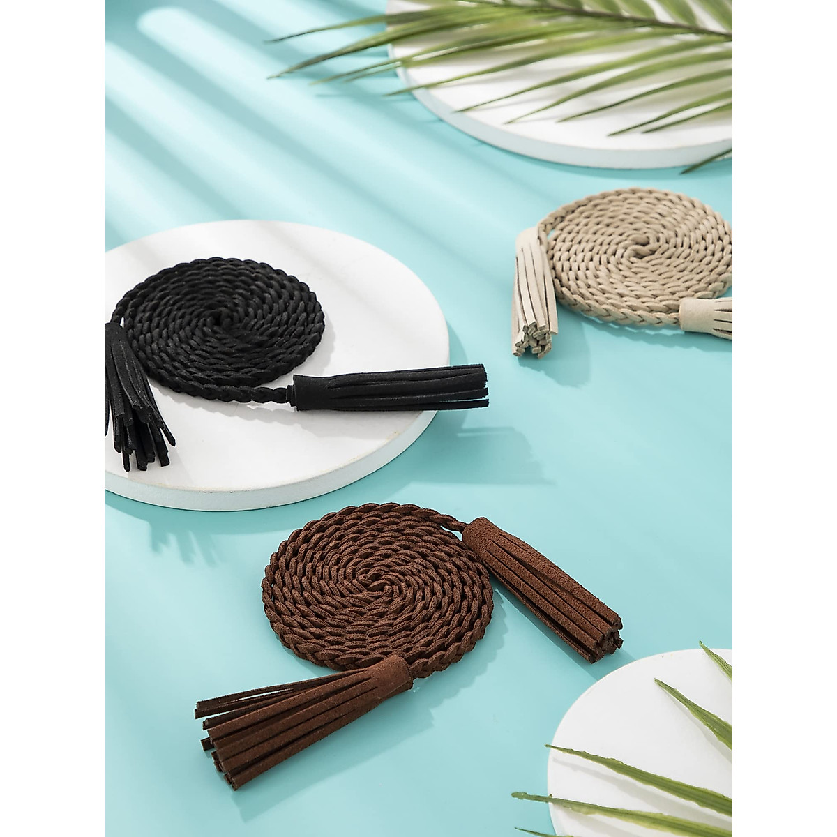 Geyoga 5 Pieces Rope Belt for Women Skinny Woven Boho Belt Braided Belt Stretch Thin Tassel Waist Belt Rope Chain Accessories for Skirt Dress, Christmas Party