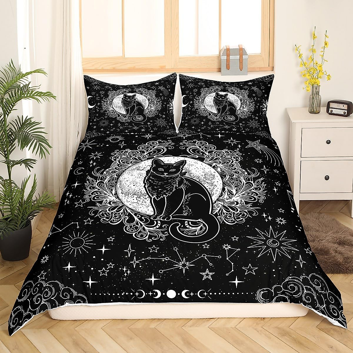 Mysterious Cat Bedding Set Twin Size 2 Pcs,Boho Exotic Tribal Abstract Art Duvet Cover for Kids Teens Bed Comforter Cover Set,Full Moon Galaxy Starry Duvet Cover Set for Home Decoration(No Filler)