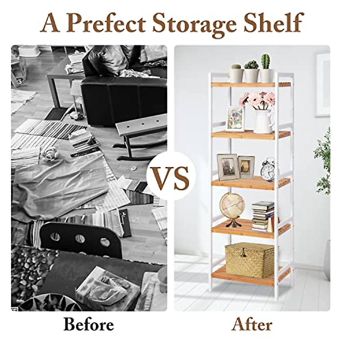 kinbor Bamboo Shelf - 5 Tier Utility Shelf, Bamboo Shelving Unit, Multipurpose Tall Bamboo Rack Display Shelf Unit for Home Office Bathroom Kitchen Living Room