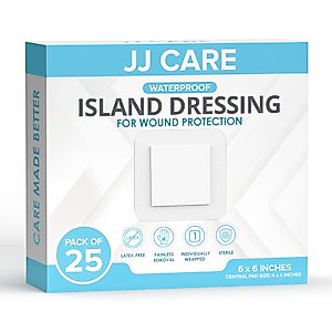 JJ CARE Waterproof Adhesive Island Dressing [Pack of 25], 6” x 6” Sterile Island Wound Dressing, Breathable Bordered Gauze Dressing, Individually Wrapped Latex Free Bandages with Non-Stick Central Pad