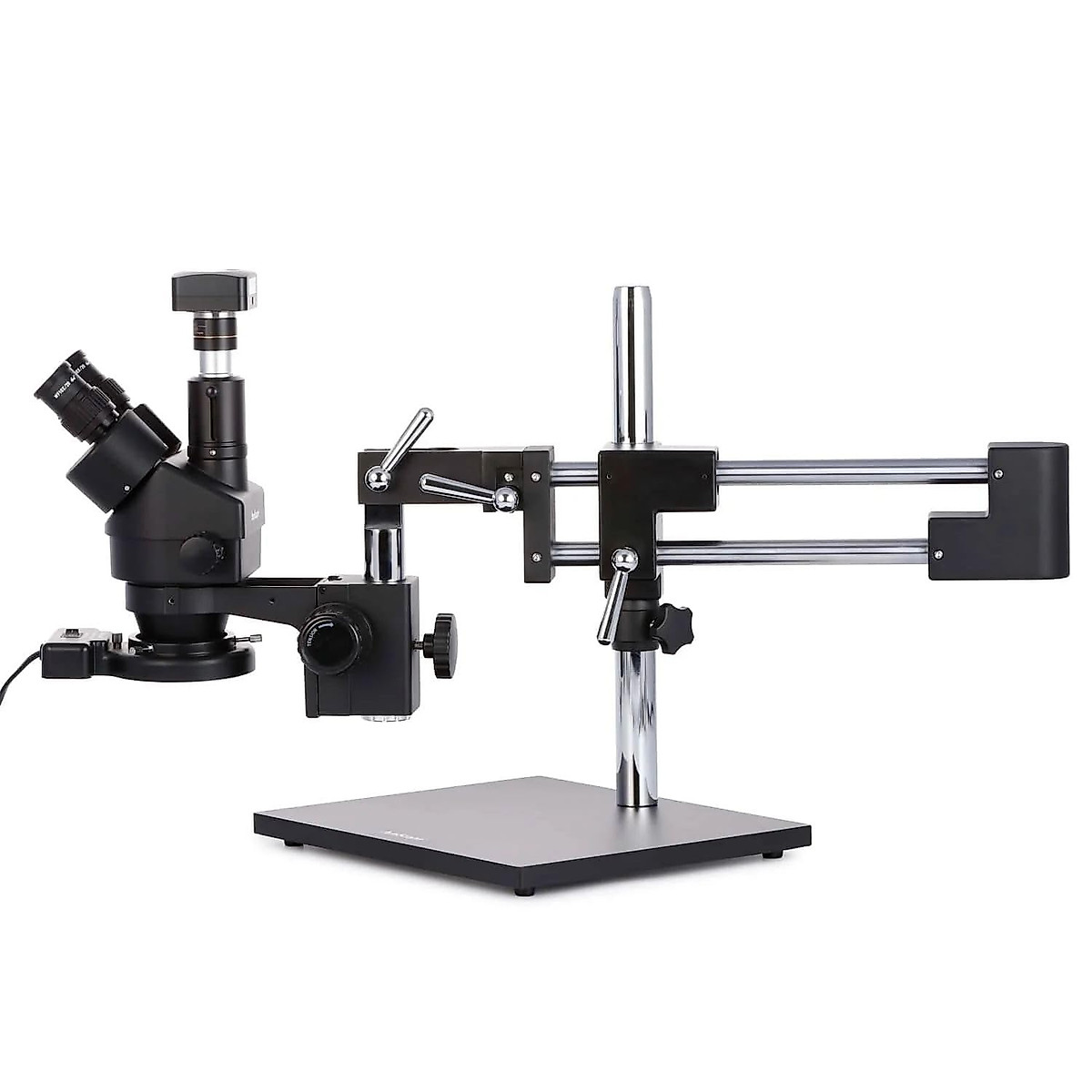 AmScope SM-4TZ-FRL-MB Digital Professional Trinocular Stereo Zoom Microscope, WH10x Eyepieces, 3.5X-90X Magnification, 0.7X-4.5X Zoom Objective, 8W Fluorescent Ring Light, Double-Arm Boom Stand, 110V-120V, Includes 0.5X and 2.0X Barlow Lenses and 1.3MP Ca