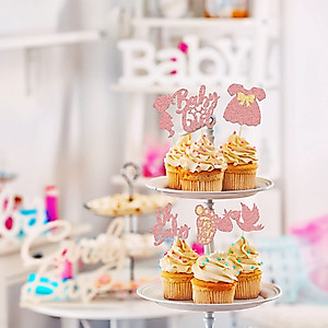 24Pcs Baby Shower Oh Baby Cupcake Toppers Rose Gold Glitter Bow Dress Footprint Swan Baby Girl Cake Picks Decorations for Baby Shower Gender Reveal Girls Birthday Party Supplies