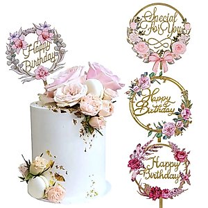 4pcs Gold Flower Acrylic Happy Birthday Cake Topper Cake Decoration Supplies