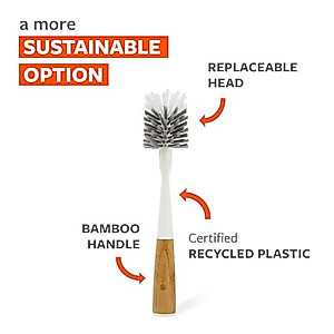 Full Circle Clean Reach Bottle Brush with Replaceable Bristle Brush Head, Bamboo Handle, White