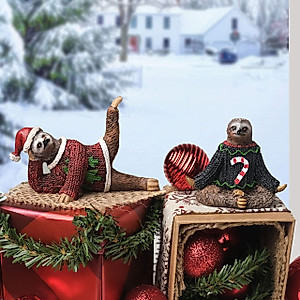 BELLA HAUS DESIGN Yoga Sloth Figurines in Ugly Christmas Sweaters 3" - Polyresin Mini Statue for X-mas Home Decoration, Secret Santa White Elephant Gift Exchange