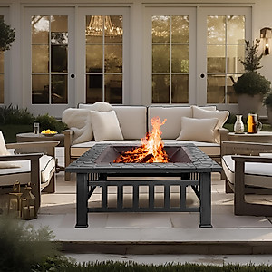 F2C 32 inch Outdoor Fire Pit Square Fireplace Metal Wood Burning Stove w/Waterproof Cover Poker, Patio Backyard Travel Camping BBQ Wood Burning