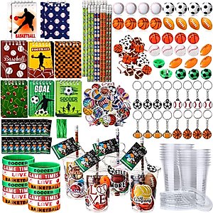 Colarr 195 Pcs Multi Balls Birthday Gifts Party Favors Gift Cups Pencils Mini Book Keychains Wristbands Stickers Thank You Cards Eraser Sharpener Mini Ball for ball Football Soccer Party