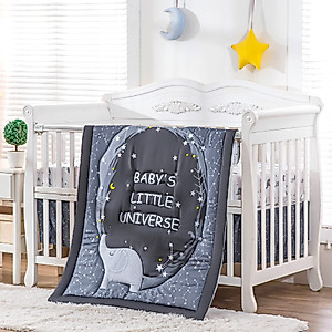 Jupeollon 3Piece Baby Crib Bedding Set for Boys Elephant Moon Star Themed Nursery Bedding Crib Sets for Boys Soft Breathable Included Crib Comforter Fitted Sheet Crib Skirt,Grey