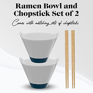 American Atelier Ramen Bowl with Chopsticks | Miso Soup, Udon Noodle Bowls for Kitchen | Stoneware Soup Bowl (25 Oz) | White & Blue with Built-in Handles/Chopstick Rest