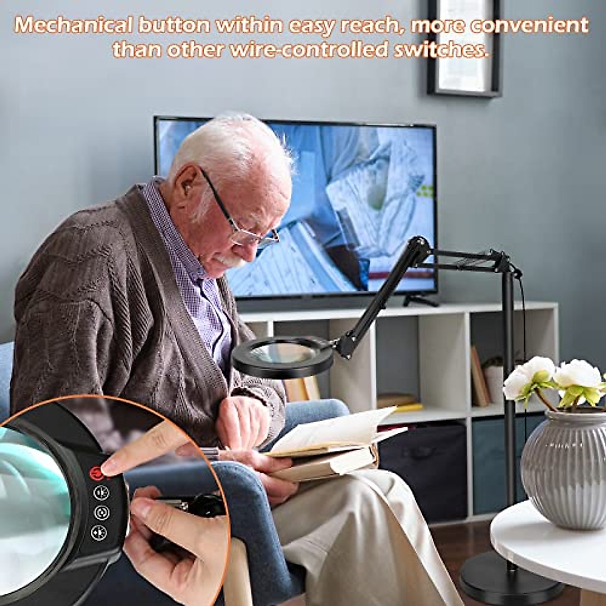 5X Magnifying Glass with Light and Stand, Krstlv LED 5 Color Modes, Stepless Dimmable Magnifying Floor Lamp, 3-in-1 Adjustable Swing Arm Lighted Magnifier Lamp with Clamp for Reading, Craft, Esthetic
