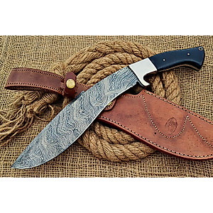 HUNTEX Handmade Hand-Forged Twist Pattern Damascus Steel 15 Inch Long Full Tang Natural Buffalo Horn Handle Razor Sharp Hunting Camping Kukri Knife w/Genuine Leather Sheath