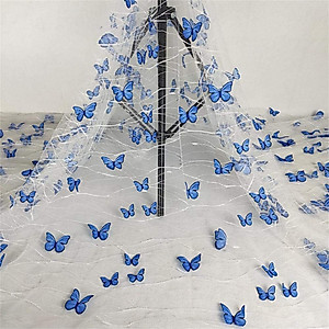 3D Vivid Butterflies Mesh Lace Fabric French Tulle lace for DIY Wedding Dress Costume Accessories Flower Girl Gown Dress Bridal Veil Home Decor(3Yard,White+Blue)