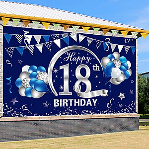 Blue Silver 18th Birthday Banner Decorations for Men Boy - Happy 18 Birthday Backdrop Party Supplies - Eighteen Birthday Poster Photo Props Background Sign