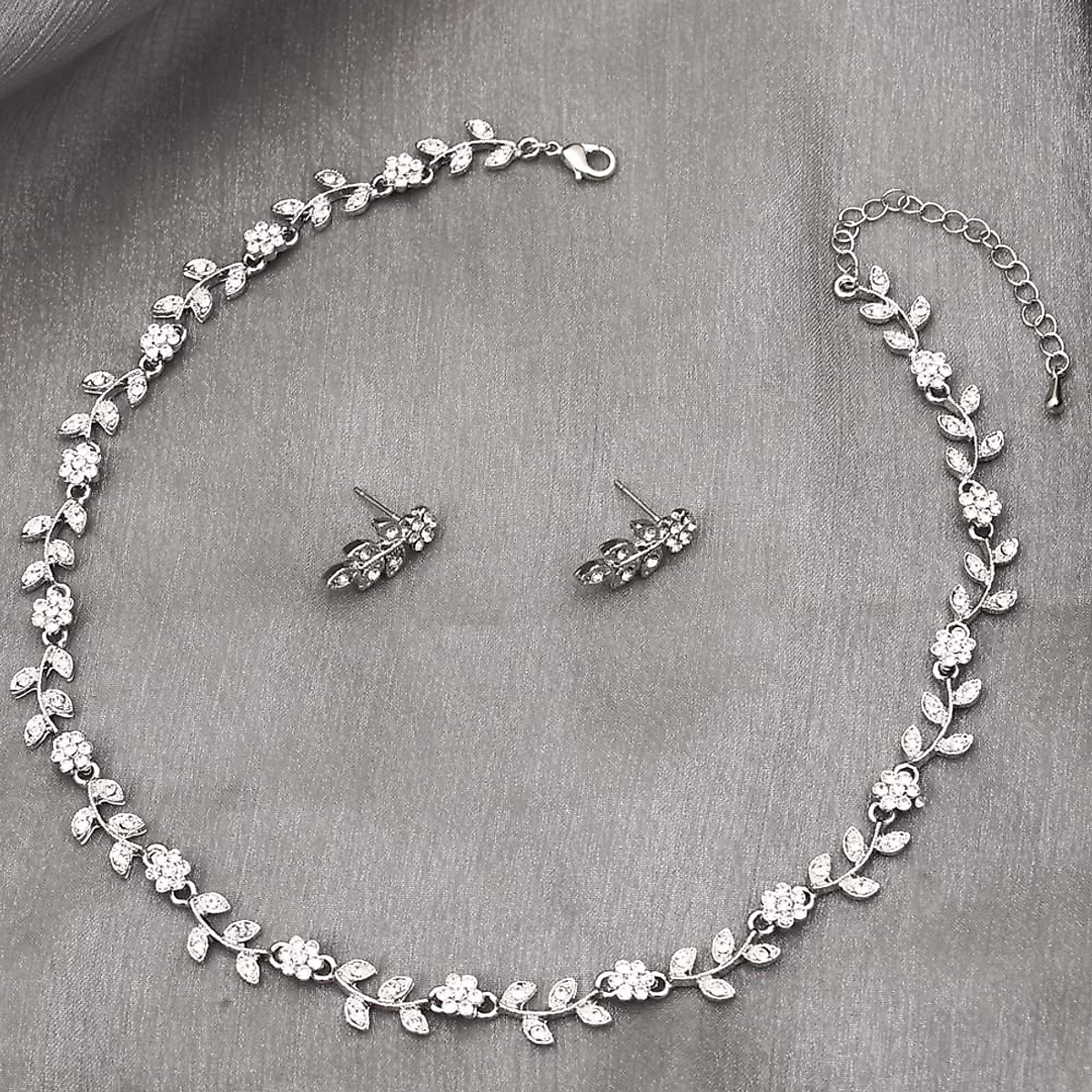 Enrwin Austrian Crystal Rhinestone Choker Necklace Dangle Earring Link Bracelet Jewelry Set for Brides Bridesmaid Prom Costume Accessories for Women (White-Platinum Plated)