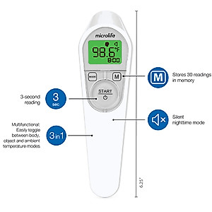 Microlife Non-Contact Forehead Thermometer, Digital Infrared No-Touch Thermometer (for Adults, Kids & Baby), Large Backlit LCD Screen, Fever Alarm, Memories & Instant Accurate Readings