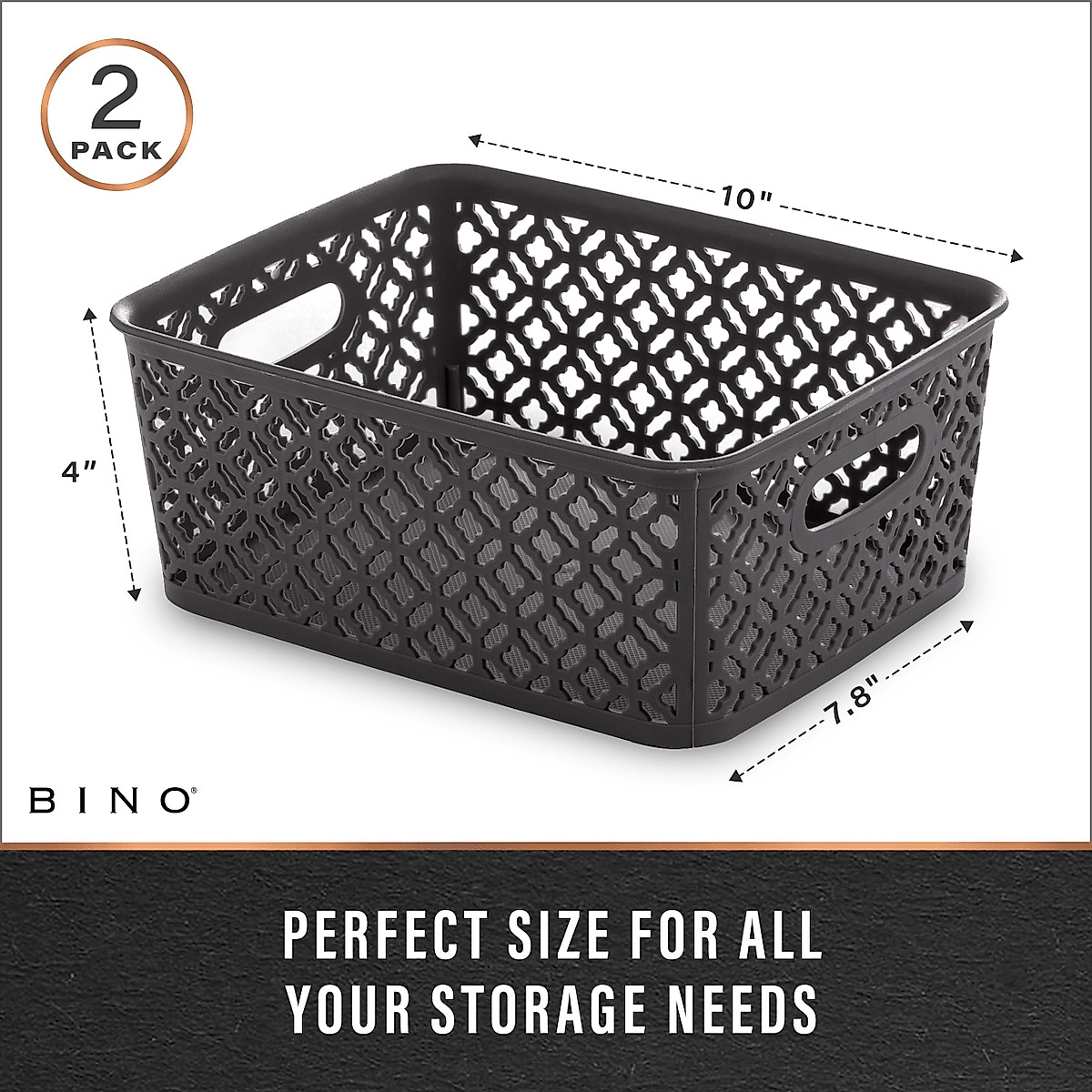 BINO l Plastic Storage Baskets, Medium - Grey | THE BLOSSOM COLLECTION l Multi-Use Organizer Bin l Built-in Handles l Plastic Woven Basket for Organizing l Pantry & Home Organizing Basket