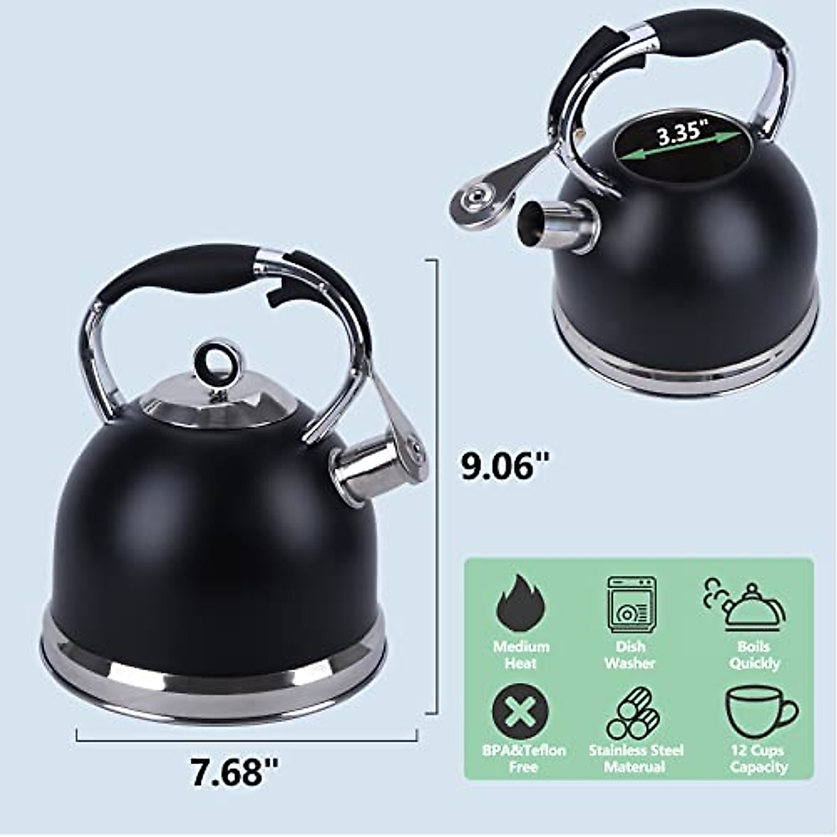 Foedo Tea Kettle, 3 Quart Whistling Tea Kettle for Stovetop with Cool Grip Ergonomic Handle, Food Grade Stainless Steel Tea Pots for Stove Top, Gas Electric Applicable