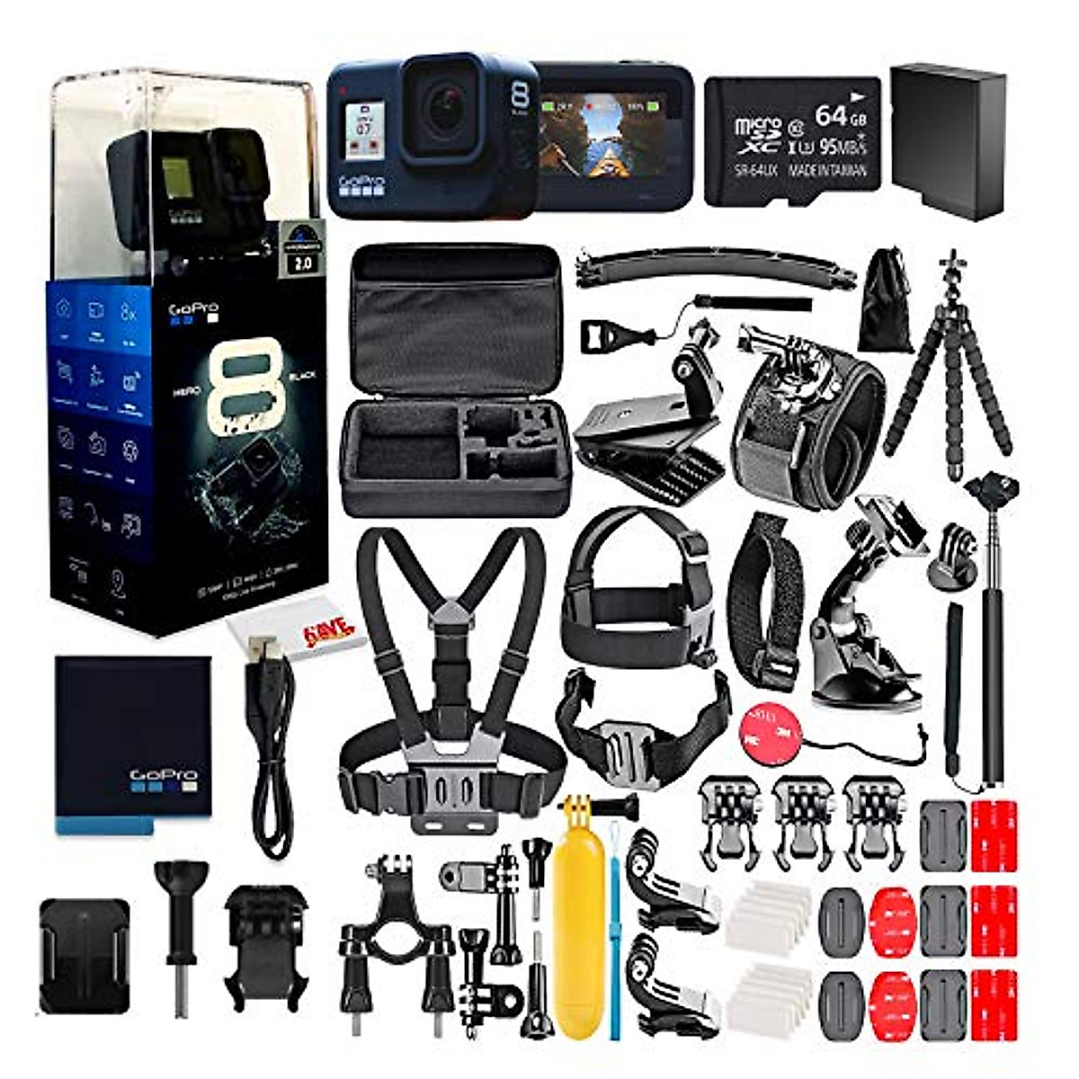 GoPro HERO8 Black Digital Action Camera - Waterproof, Touch Screen, 4K UHD Video, 12MP Photos, Live Streaming, Stabilization - with 50 Piece Accessory Kit + 64GB Memory Card + Extra Battery