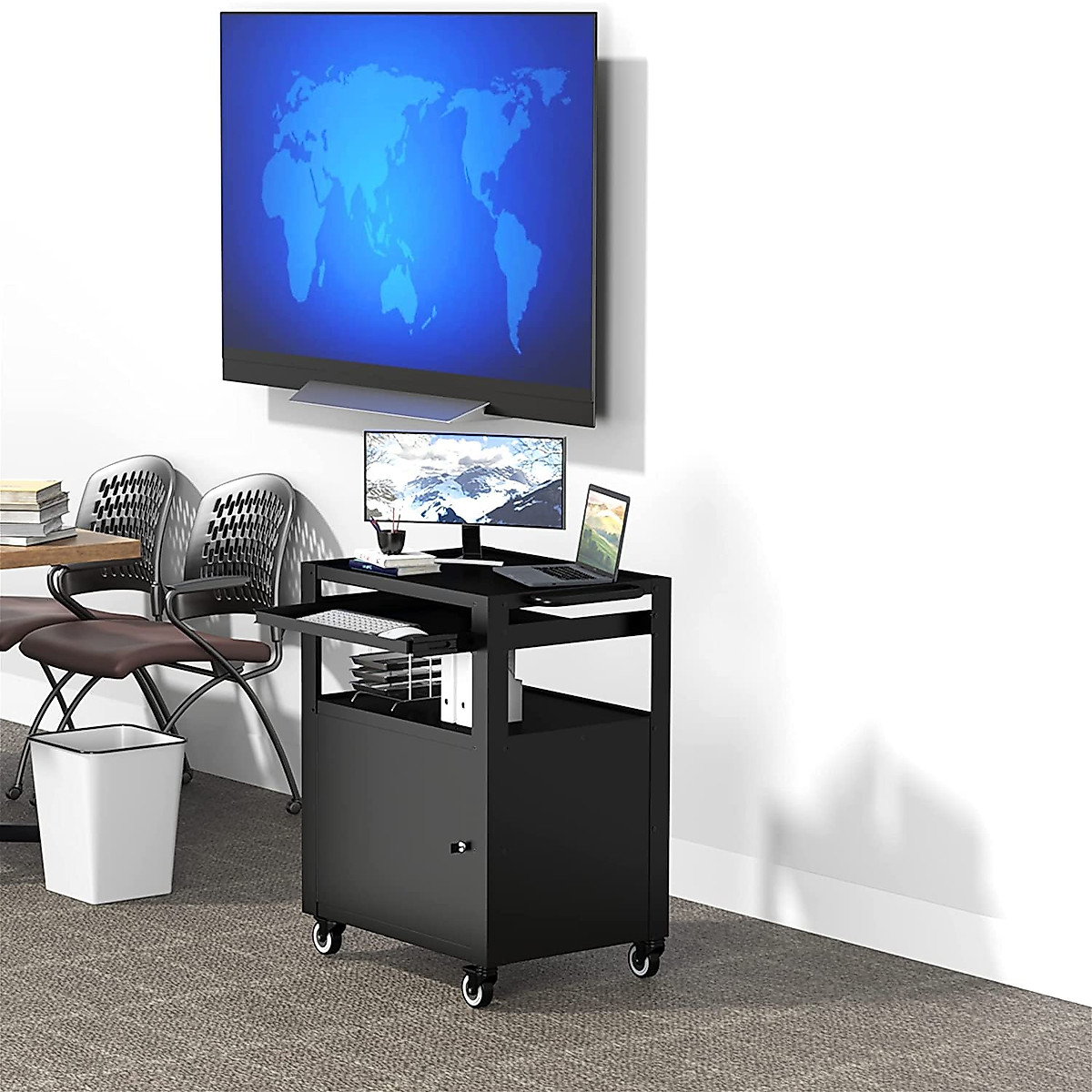 Argatin AV Cart with Keyboard Tary and Locking Cabinet Laptop Cart on Wheels Utility Cart and Pullout Tray - Max Capacity 350 lbs(24.8''L x 18.1''W x 39.8''H)