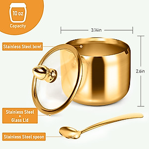 holoith Sugar Container with Glass Lid and Spoon - 10oz Gold Sugar Bowl for Coffee Bar Station Accessories Kitchen Storage for Salt, Candy, Coffee Bean (Gold)