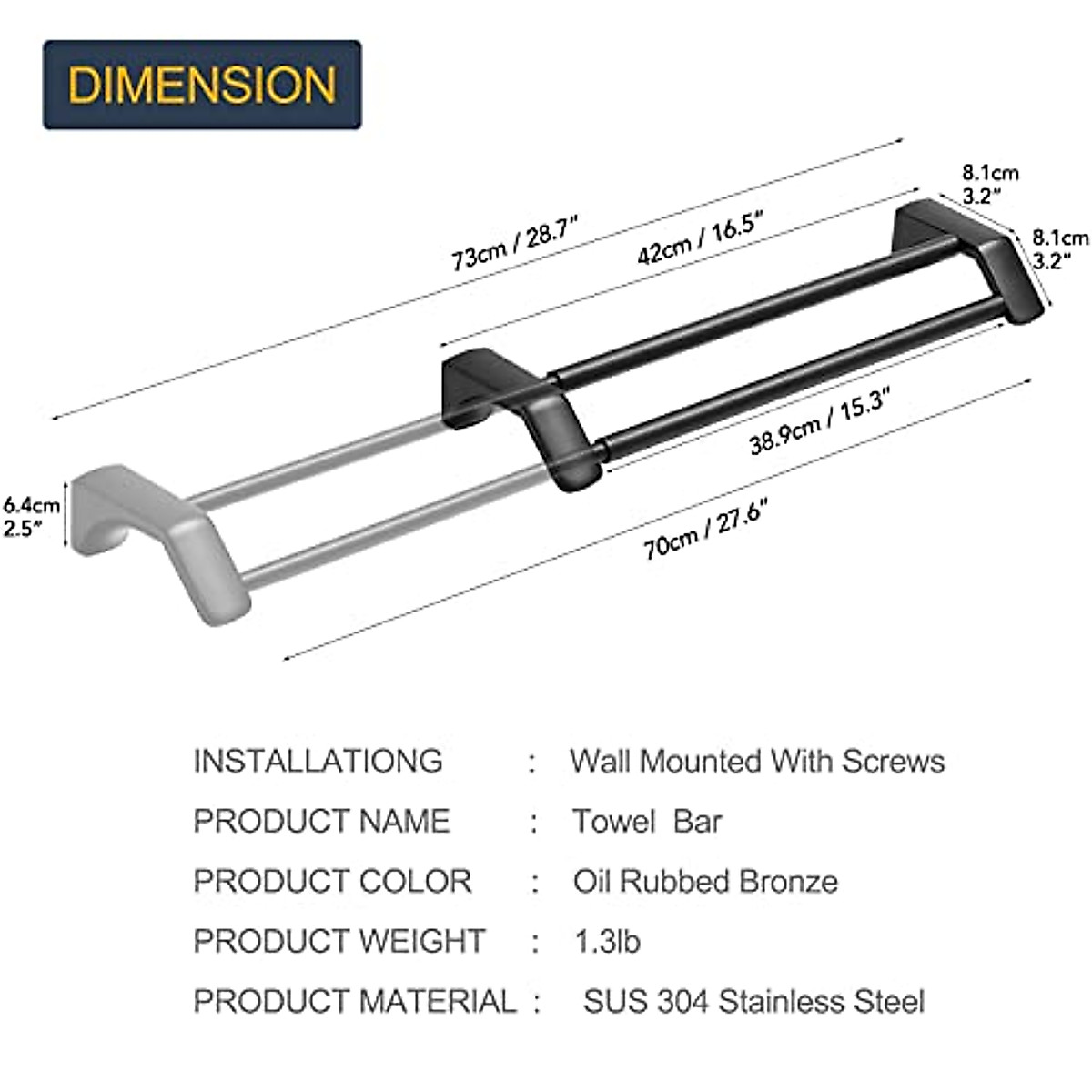 Hoimpro Adjustable 13.9-25.3 Inches Double Bath Towel Bar for Bathroom SUS304 Stainless Steel Towel Holder, Hotel Style Wall Mount with Screws Hand Towel Bar，Towel Rack Rod Hanger, Matte Black