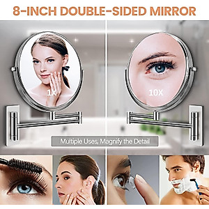 MIRRORMORE 8” Large Wall Mounted Makeup Mirror, Two-Sided 1X/10X Magnifying Mirror Extendable Long Arm, 360°Swivel Flexible HD Shower Mirror Fogless for Shaving, Fully Senior Nickel Bathroom Mirror