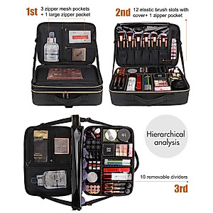 Relavel Makeup Case Large Makeup Bag Professional Train Case 16.5 inches Travel Cosmetic Organizer Brush Holder Waterproof Makeup Artist Storage Box, 3 Layer Large Capacity, with Adjustable Strap