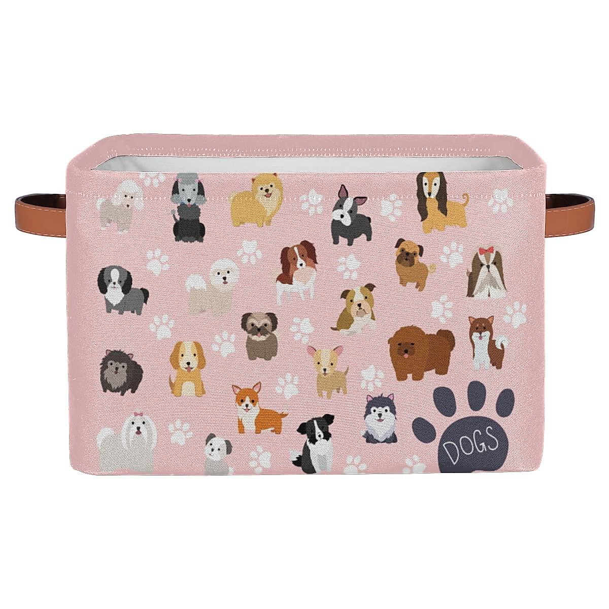 Storage Baskets with Handles, Cute Dogs Pink Storage Cube Rectangular Fabric Collapsible Toy Storage Bin Organizer for Closet Shelf Laundry Nursery Kids Bedroom, 15x11x9.5 In