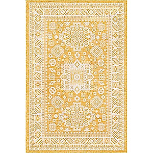 Rugs.com Outdoor Aztec Collection Rug – 4' x 6' Yellow Flatweave Rug Perfect for Living Rooms, Large Dining Rooms, Open Floorplans