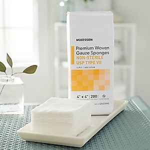 McKesson Premium Woven Gauze Sponges, 12-Ply Non-Sterile, USP Type VII, 100% Cotton, 4 in x 4 in, 200 per Pack, 1 Pack