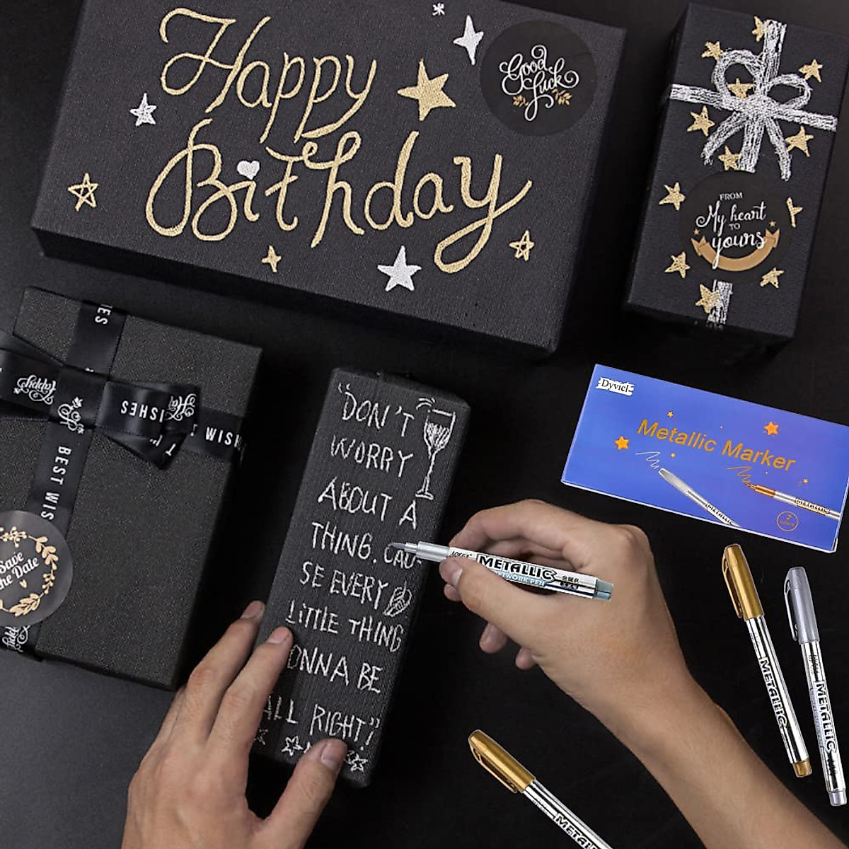 Dyvicl Premium Metallic Markers Pens - Silver and Gold Paint Pens for Black Paper, Glass, Rock Painting, Halloween Pumpkin, Card Making, Scrapbook Album, Christmas DIY Art Craft Kids, Set of 4