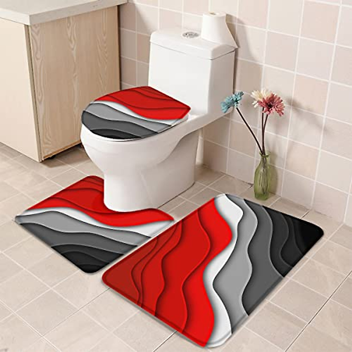 Bathroom Rugs, Memory Foam Bath Mat Bathroom Set, Black Red Ombre Abstract Beach Bath Rugs Bathroom Accessories, Home Decor Non-Slip Absorbent Soft Bath Mats for Bathroom, Tub, 3 Pieces